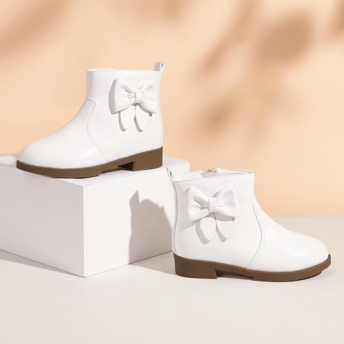 PANDANINJIA Toddler/Little Kid Girl's Sofia Sweet Short Ankle Boots Bowknot Side Zipper Dress Booties (White Pu, 2 Little Kid)