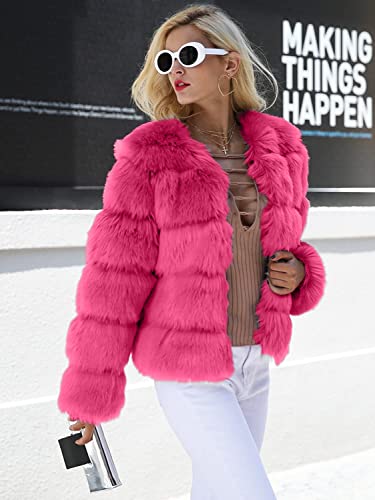 Simplee Women's Luxury Winter Warm Faux Fur Short Coat Fluffy Furry Jacket Parka Outwear for Wedding Party(XL Rose Red)