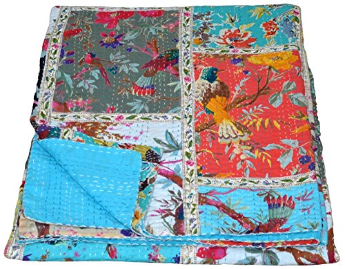 V Vedant Designs Bird Print Patchwork Cotton Kantha Quilt Throw Blanket Bedspread Gudari (Twin Size)