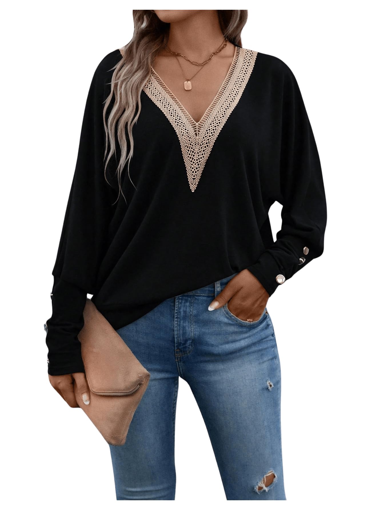 GORGLITTER Women's Guipure Lace Long Sleeve Sweatshirt V Neck Casual Pullover Tops Black Medium