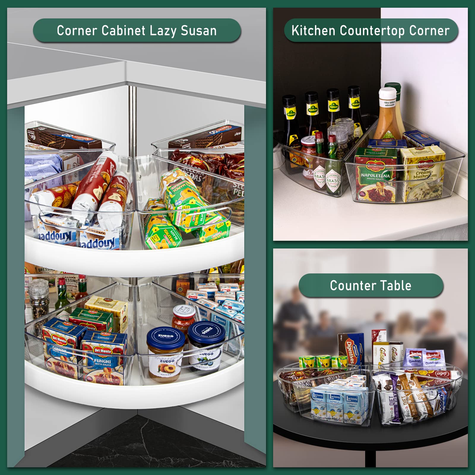 JEISSLIA Lazy Susan Cabinet Organizer Bins for 26"/ 28"/ 32" Diameter Corner Lazy Susan, Plastic Cabinet Storage Bin, 1/8 Wedge-Food Safe, BPA Free, with Non-slip Pads (for 26" Lazy Susan, 8 Pack)