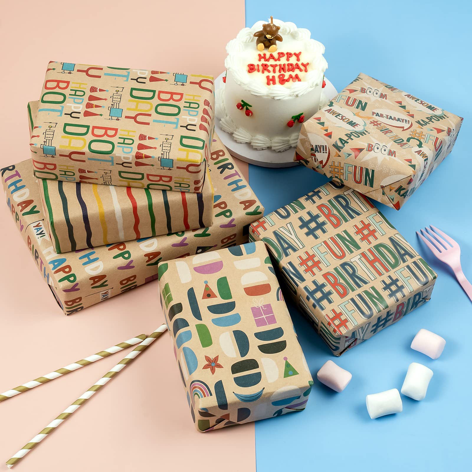 RUSPEPA Wrapping Paper Sheets Birthday Design - 17.5 x 30 inches Each Sheet, Total of 6 Sheets Packed in 1 roll