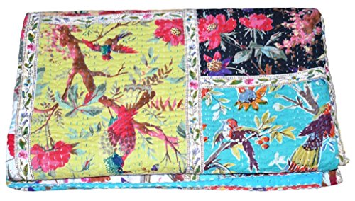 V Vedant Designs Bird Print Patchwork Cotton Kantha Quilt Throw Blanket Bedspread Gudari (Twin Size)