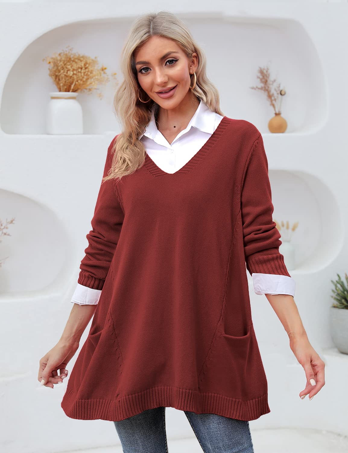 YESNO Women's Sweater with Swing Hem Oversized 2022 Long Sleeve V Neck Knit Pullover Tops Tunic Sweaters with Drop Pockets L WM9TYP1 Rust