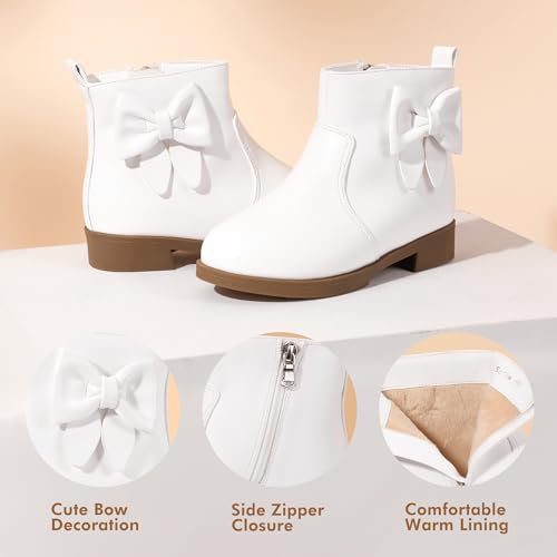 PANDANINJIA Toddler/Little Kid Girl's Sofia Sweet Short Ankle Boots Bowknot Side Zipper Dress Booties (White Pu, 2 Little Kid)