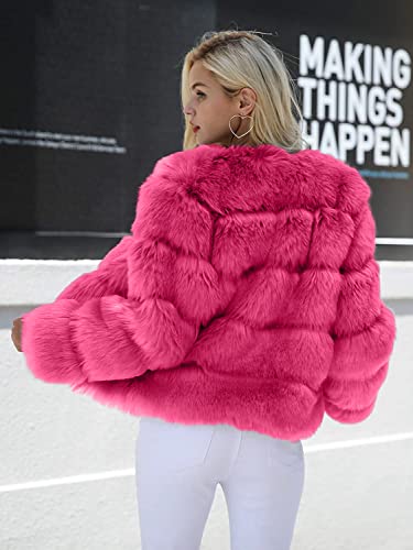 Simplee Women's Luxury Winter Warm Faux Fur Short Coat Fluffy Furry Jacket Parka Outwear for Wedding Party(XL Rose Red)