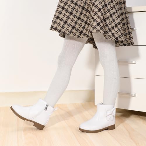 PANDANINJIA Toddler/Little Kid Girl's Sofia Sweet Short Ankle Boots Bowknot Side Zipper Dress Booties (White Pu, 2 Little Kid)