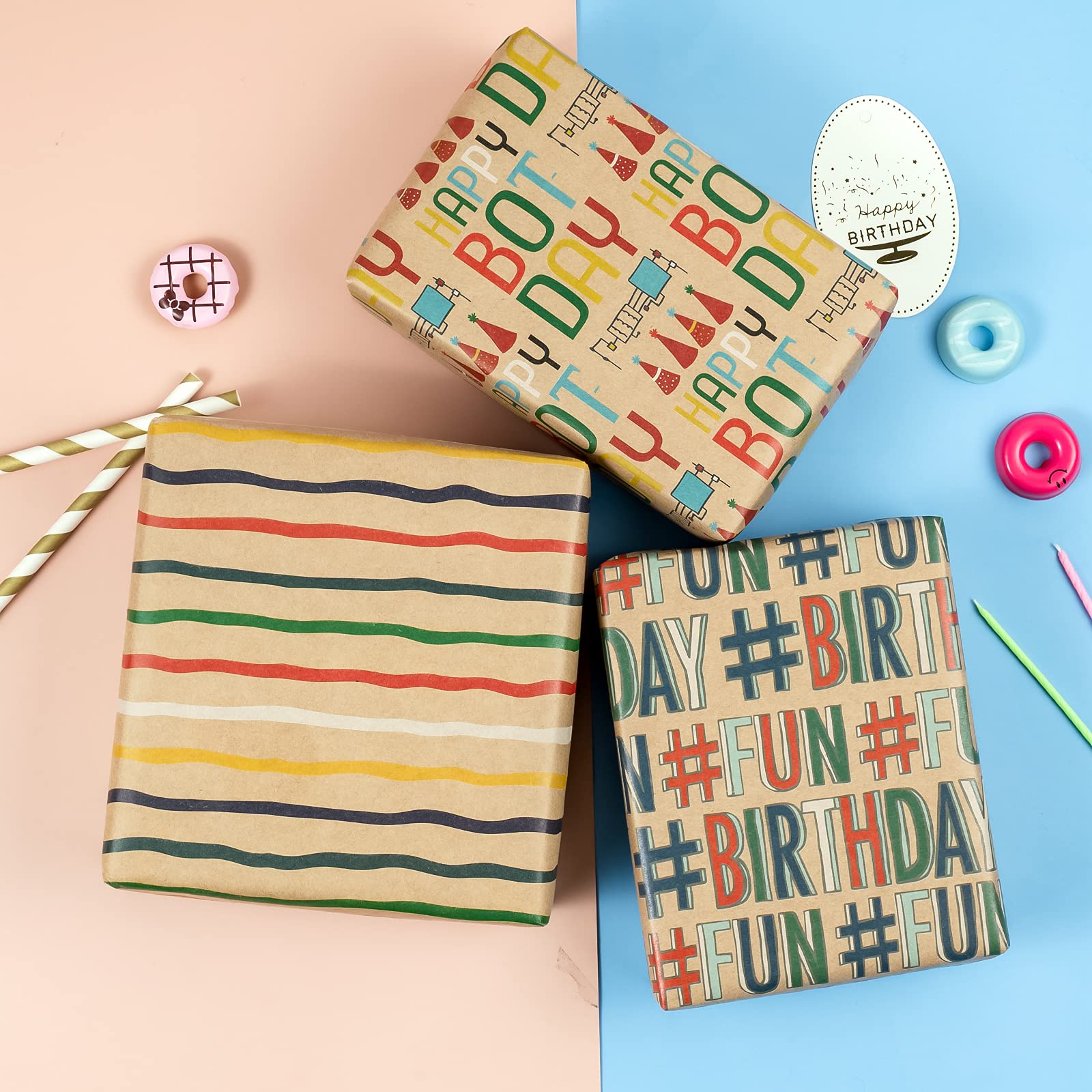 RUSPEPA Wrapping Paper Sheets Birthday Design - 17.5 x 30 inches Each Sheet, Total of 6 Sheets Packed in 1 roll