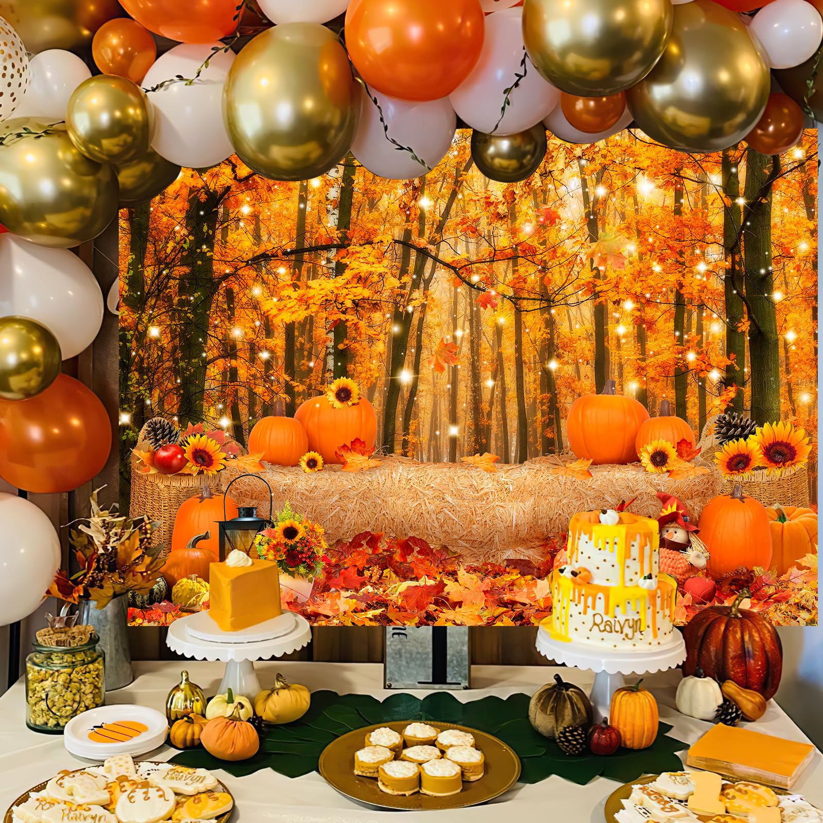 Avezano Autumn Fall Forest Photography Backdrop Natural Scencery Fall Landscape Leaves Haystack Thanksgiving Backrgound Pumpkin Maple Leaves Party Supplies 7x5ft