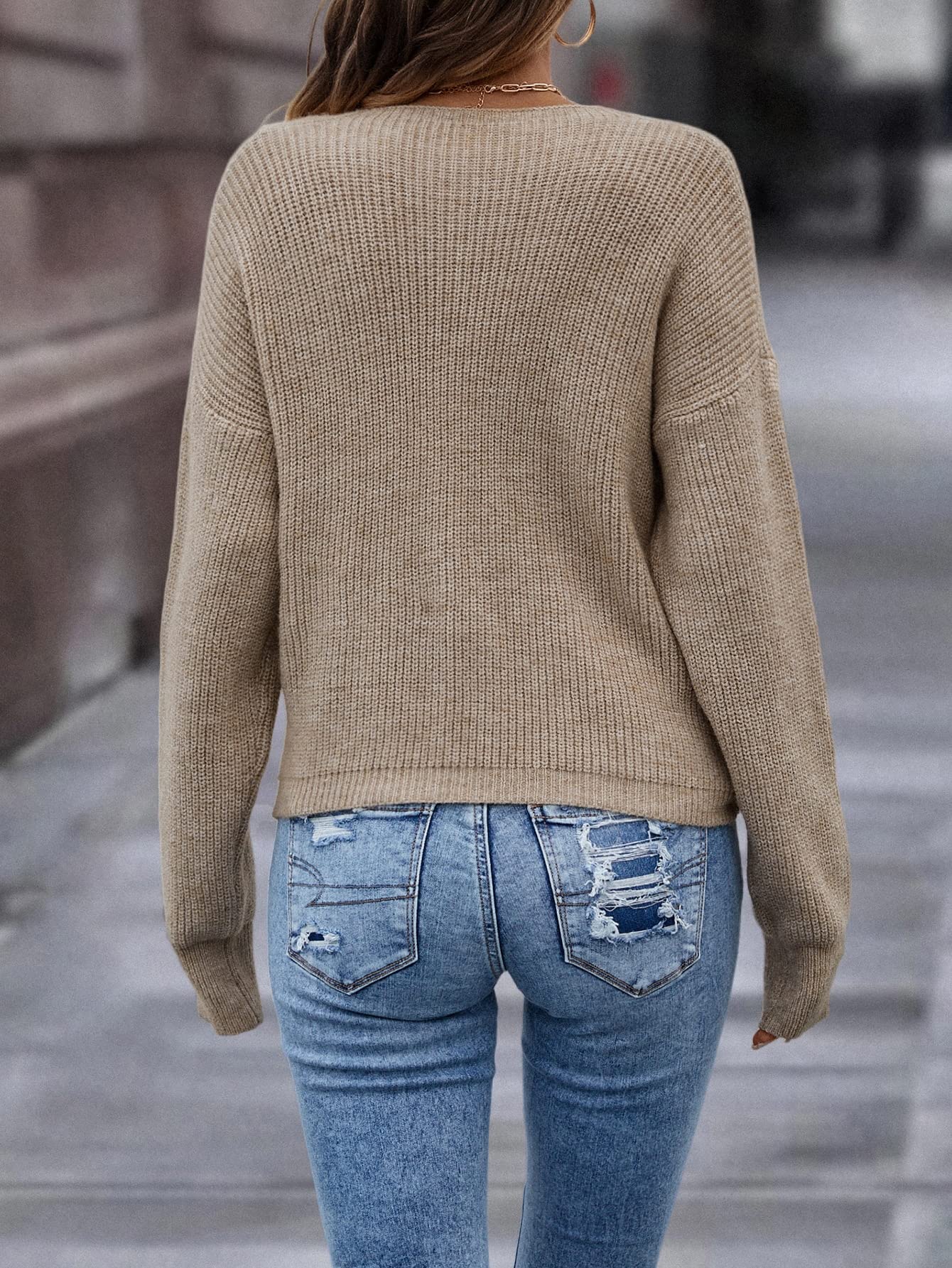 SweatyRocks Women's Casual Long Sleeve Drop Shoulder V Neck Wrapped Pullover Sweater Top Khaki Medium