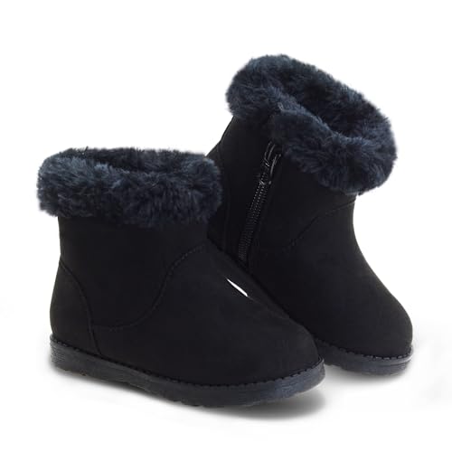 Girls Boots Warm Ankle Winter Boots Kids Soft Plush Lining Fur Collar with Zipper Snow Bootie Indoor Outdoor Shoes for Girls Big Kid 2 US Black