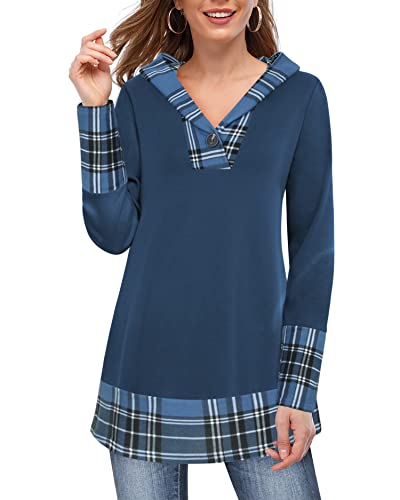 Tunic Sweatshirts for Women,Lotusmile Ladies Long Sleeve Lightweight V Neck Knit Pullover Long Hooded Tunics for Leggings Comfortable Cute Feminine Winter Warm Tops Plaid Elegant Hoodies for Fall