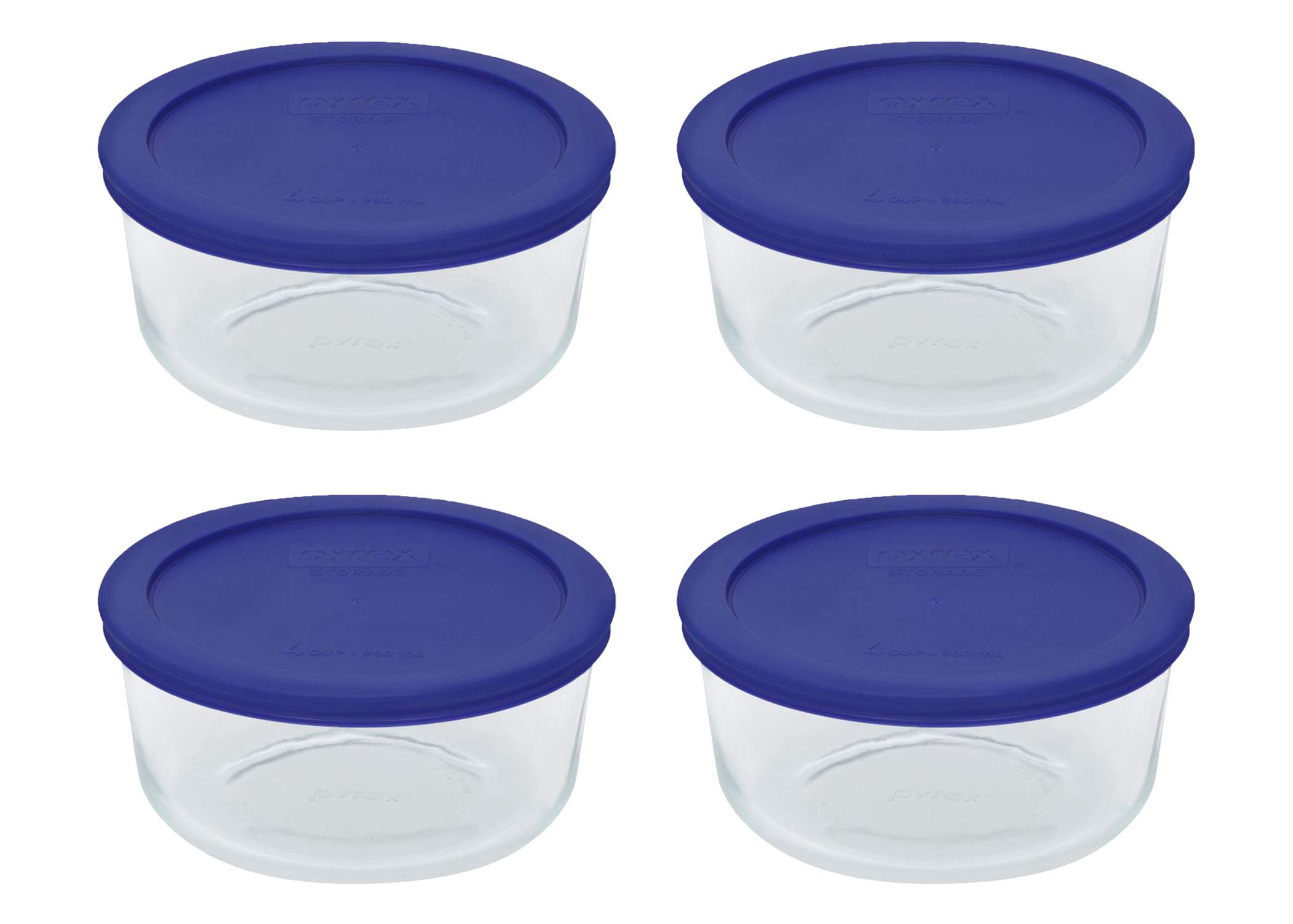 Pyrex Storage 4 Cup Round Dish, Clear with Blue Lid, Pack of 4 Containers