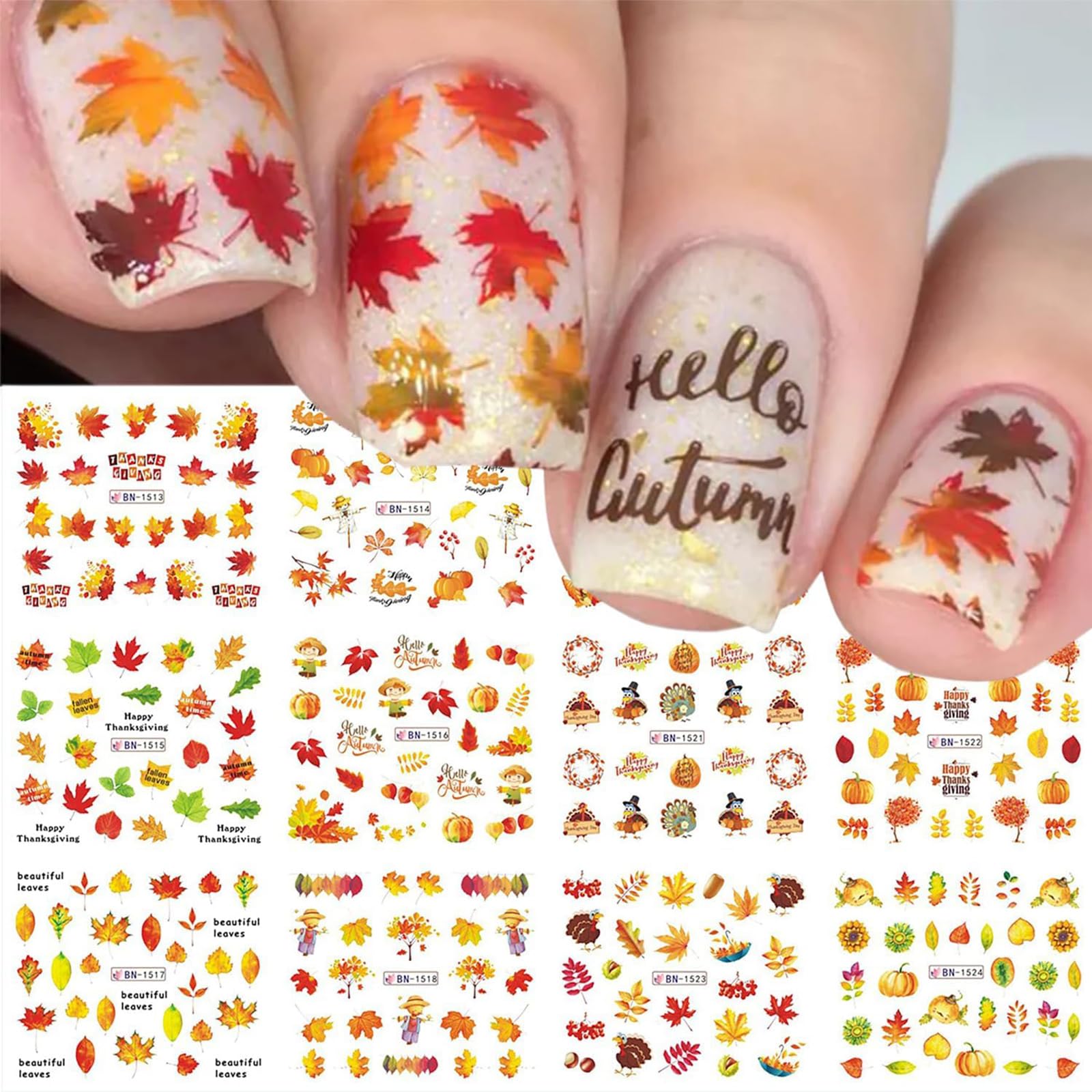 Fall Nail Art Stickers Thanksgiving Nail Decals Maple Leaf Turkey Water Transfer Nail Sticker Autumn Design Nail Art Supplies Acrylic Nail Accessories for Women Girls Thanksgiving Day Nail Decoration