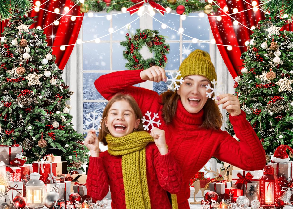 LYCGS 7X5ft Christmas Backdrop Winter Snow Scene Backdrop for Photography Christmas Window Background Xmas Tree & Party Decoration Banner X-171