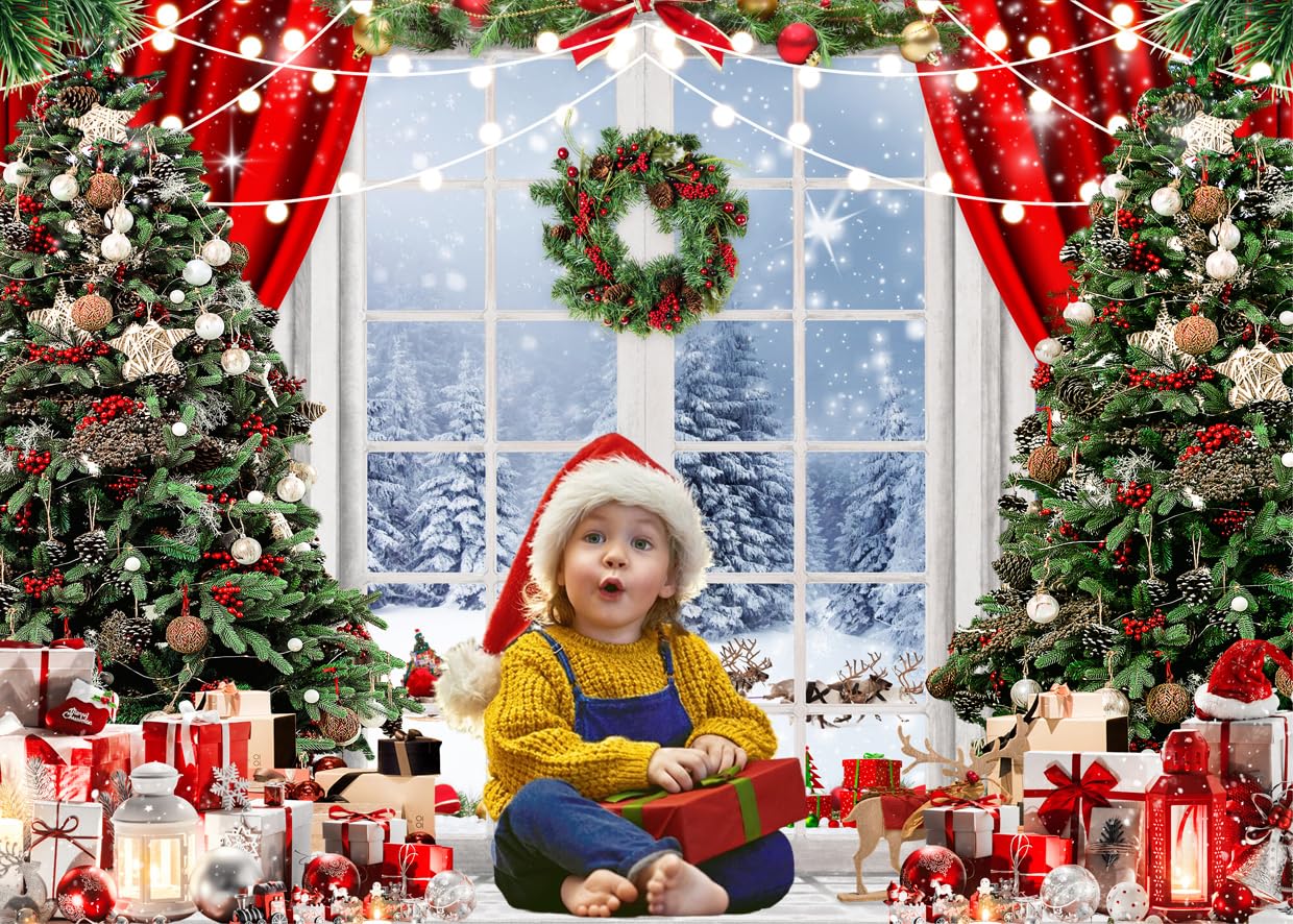 LYCGS 7X5ft Christmas Backdrop Winter Snow Scene Backdrop for Photography Christmas Window Background Xmas Tree & Party Decoration Banner X-171