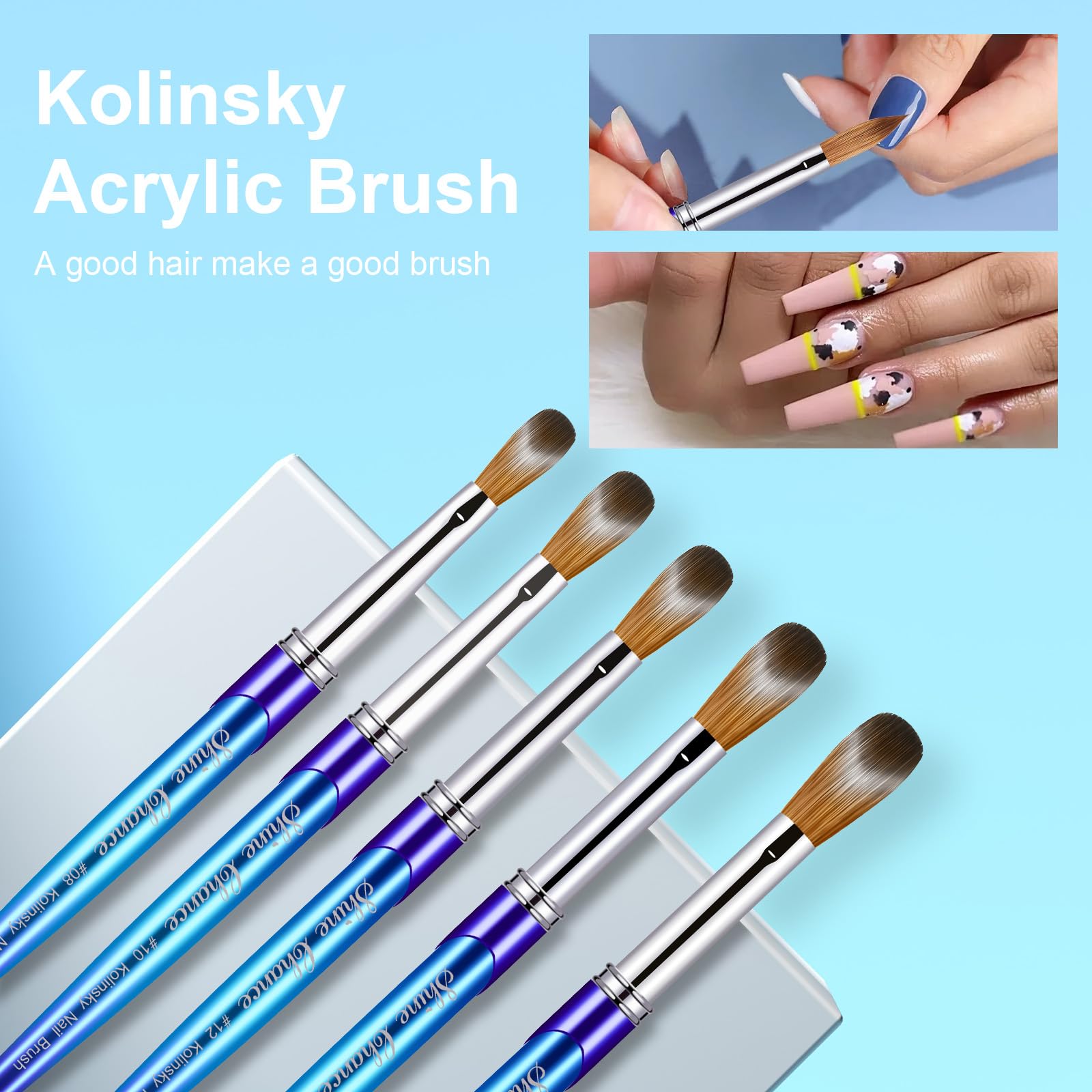 Shine Chance Acrylic Nail Brush Size 8, 100% Pure Kolinsky 3D Art Nail Brush with Gradient Blue Handle, Art Design Powder Nail Brush Pen for Nails Extension & Carving, Acrylic Application Tools