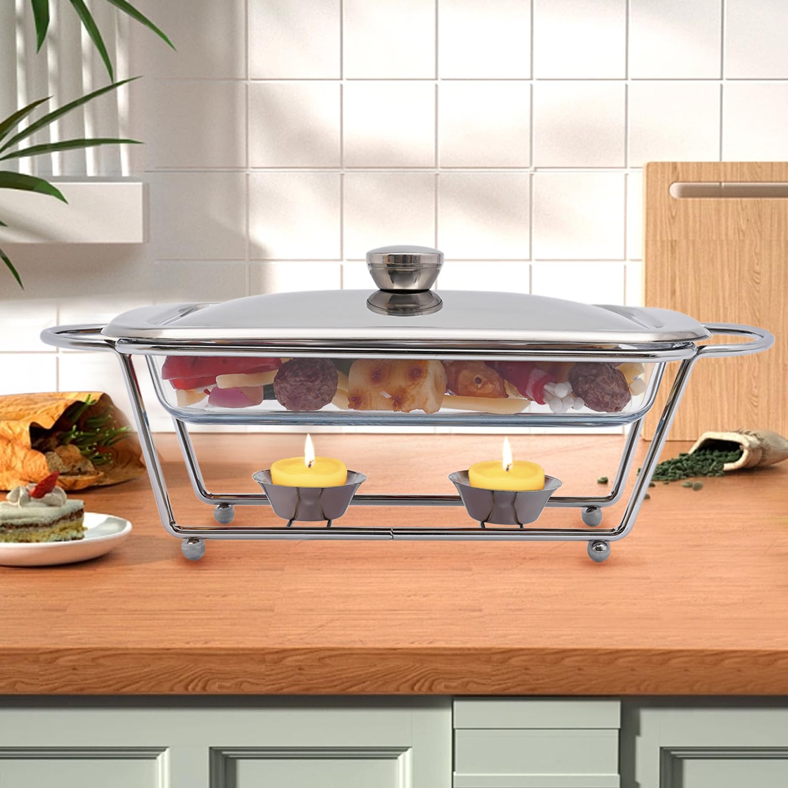Chafing Dish Buffet Set Warming Tray with Lid Stainless Steel Buffet Server and Oven Safe Glass Warming Tray for Parties Buffets