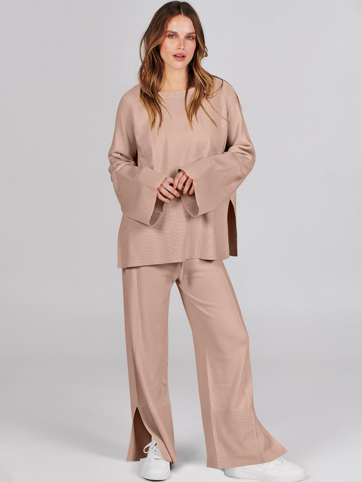 ANRABESS Womens 2 Piece Outfits Oversized Knit Sweater Set Wide Leg Pant Cozy Lounge Matching Pajama Sets 2024 Trendy Clothes Deep Apricot X-large