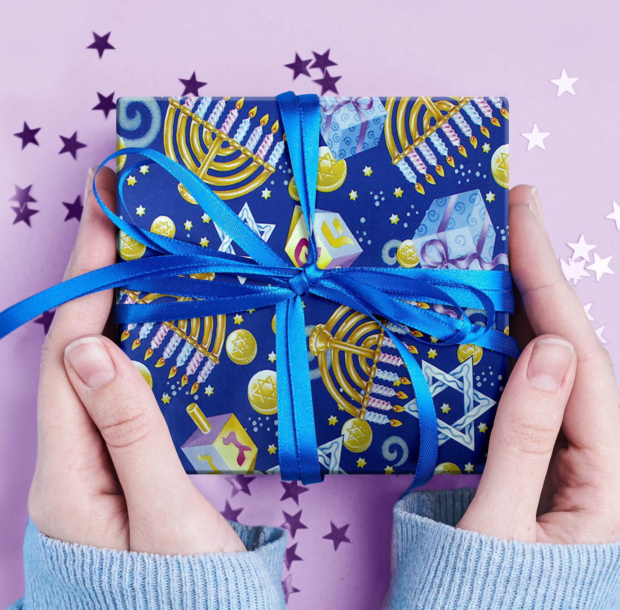 Designer Greetings Glitterwrap™ Hanukkah Gift Wrap – Dreidels, Star of David, Menorahs, Coins and Blue Striped Pattern (4 Rolls/Designs Per Pack, 30” x 192”, 40 Sq. Ft.)