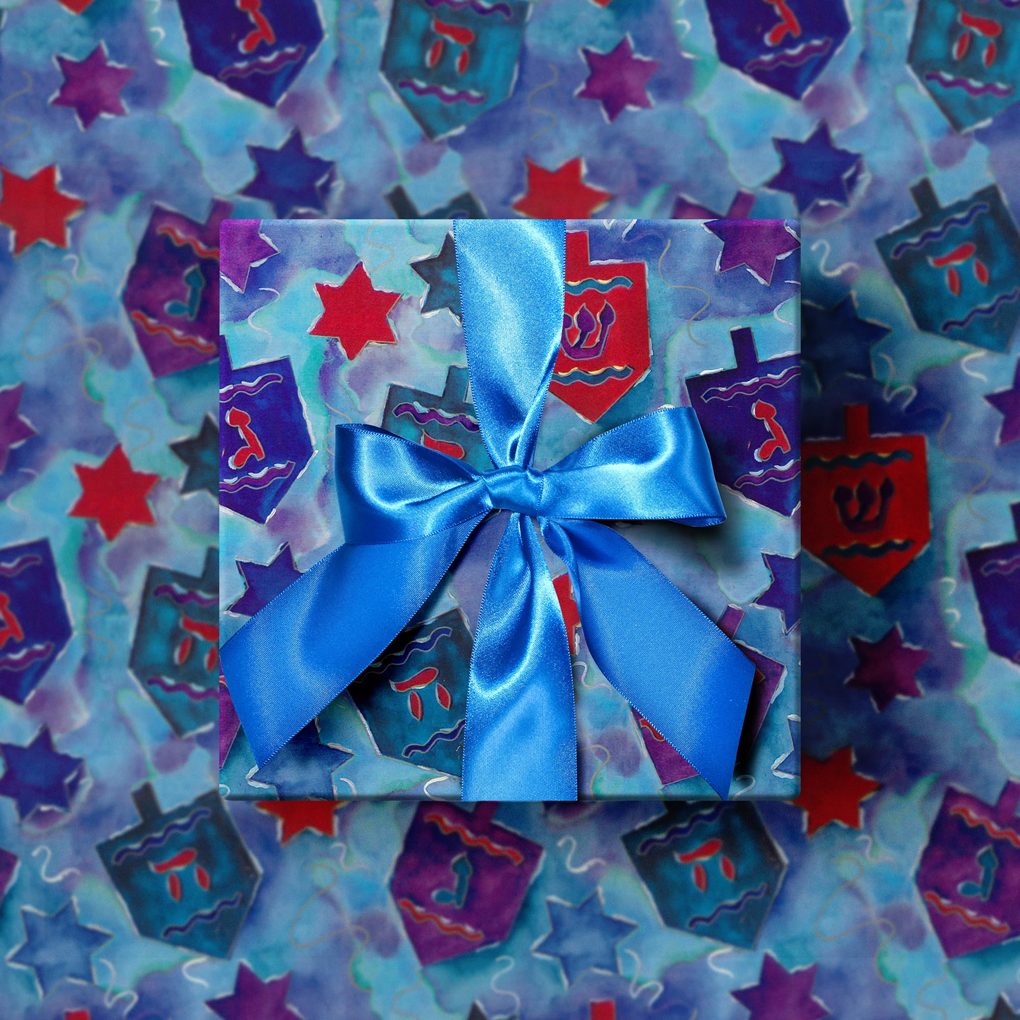 Designer Greetings Glitterwrap™ Hanukkah Gift Wrap – Dreidels, Star of David, Menorahs, Coins and Blue Striped Pattern (4 Rolls/Designs Per Pack, 30” x 192”, 40 Sq. Ft.)