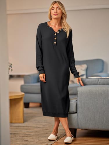 LILLUSORY Women Oversized Sweater Maxi Dress 2023 Fall Long Sleeve V Neck Button Waffle Knit Midi Dresses Black