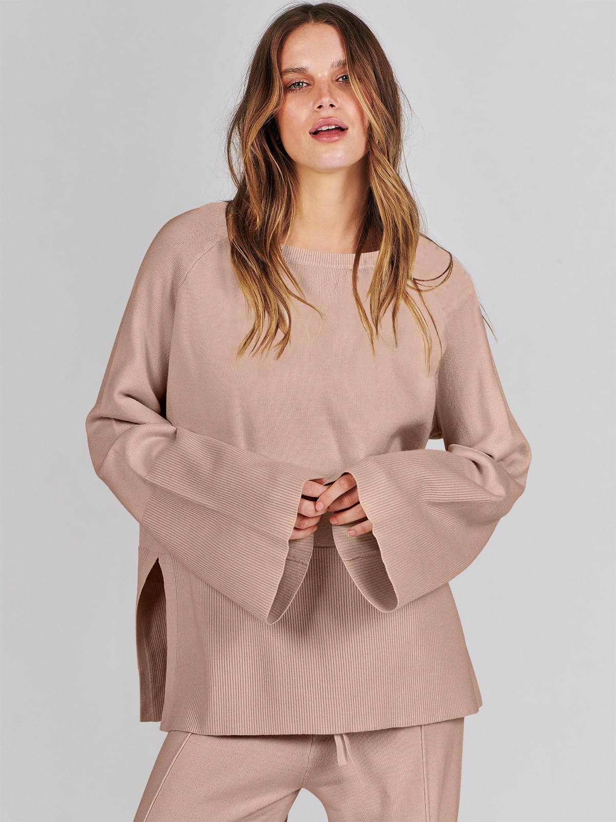 ANRABESS Womens 2 Piece Outfits Oversized Knit Sweater Set Wide Leg Pant Cozy Lounge Matching Pajama Sets 2024 Trendy Clothes Deep Apricot X-large