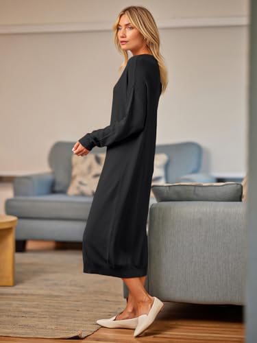 LILLUSORY Women Oversized Sweater Maxi Dress 2023 Fall Long Sleeve V Neck Button Waffle Knit Midi Dresses Black