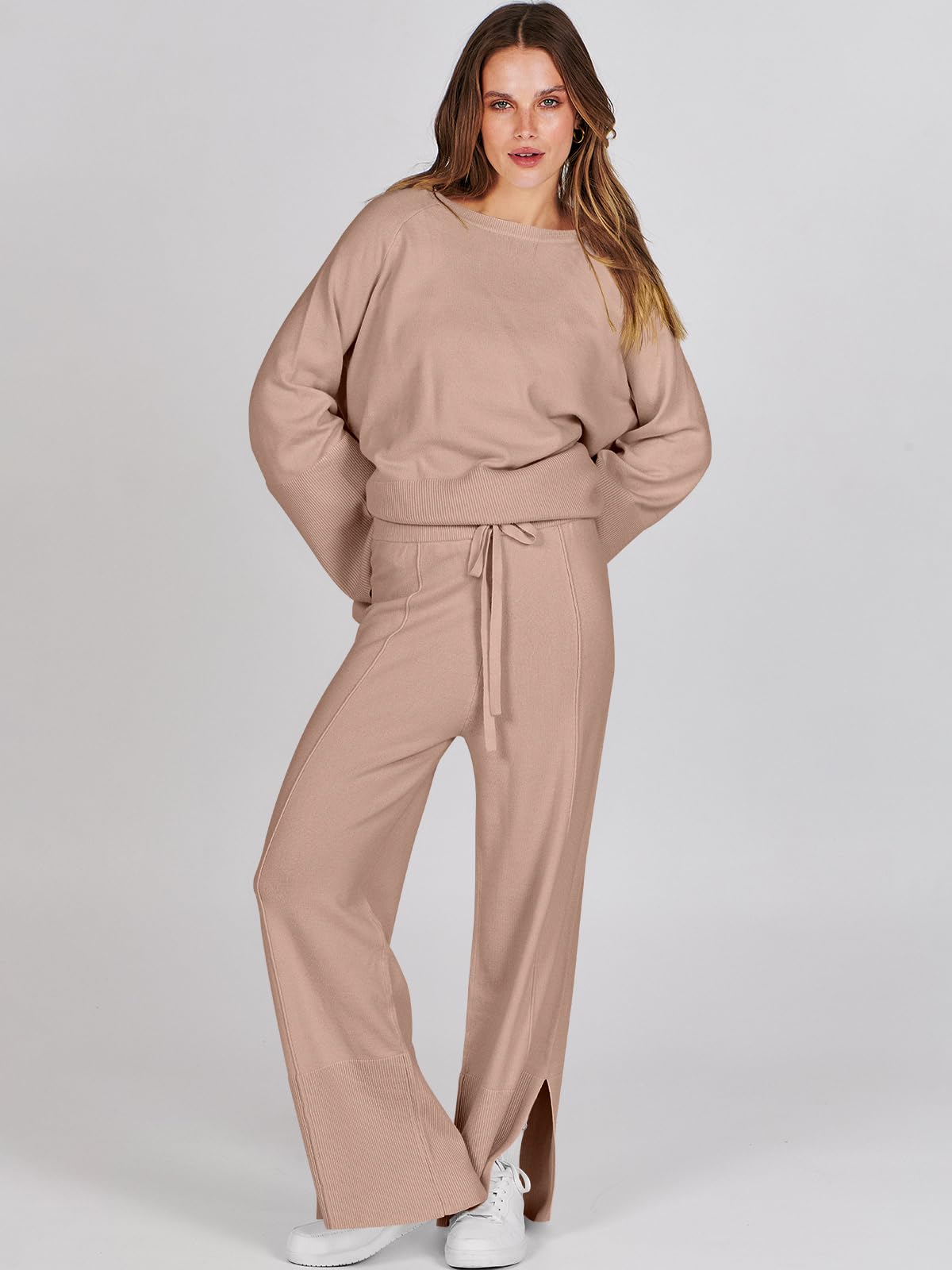 ANRABESS Womens 2 Piece Outfits Oversized Knit Sweater Set Wide Leg Pant Cozy Lounge Matching Pajama Sets 2024 Trendy Clothes Deep Apricot X-large