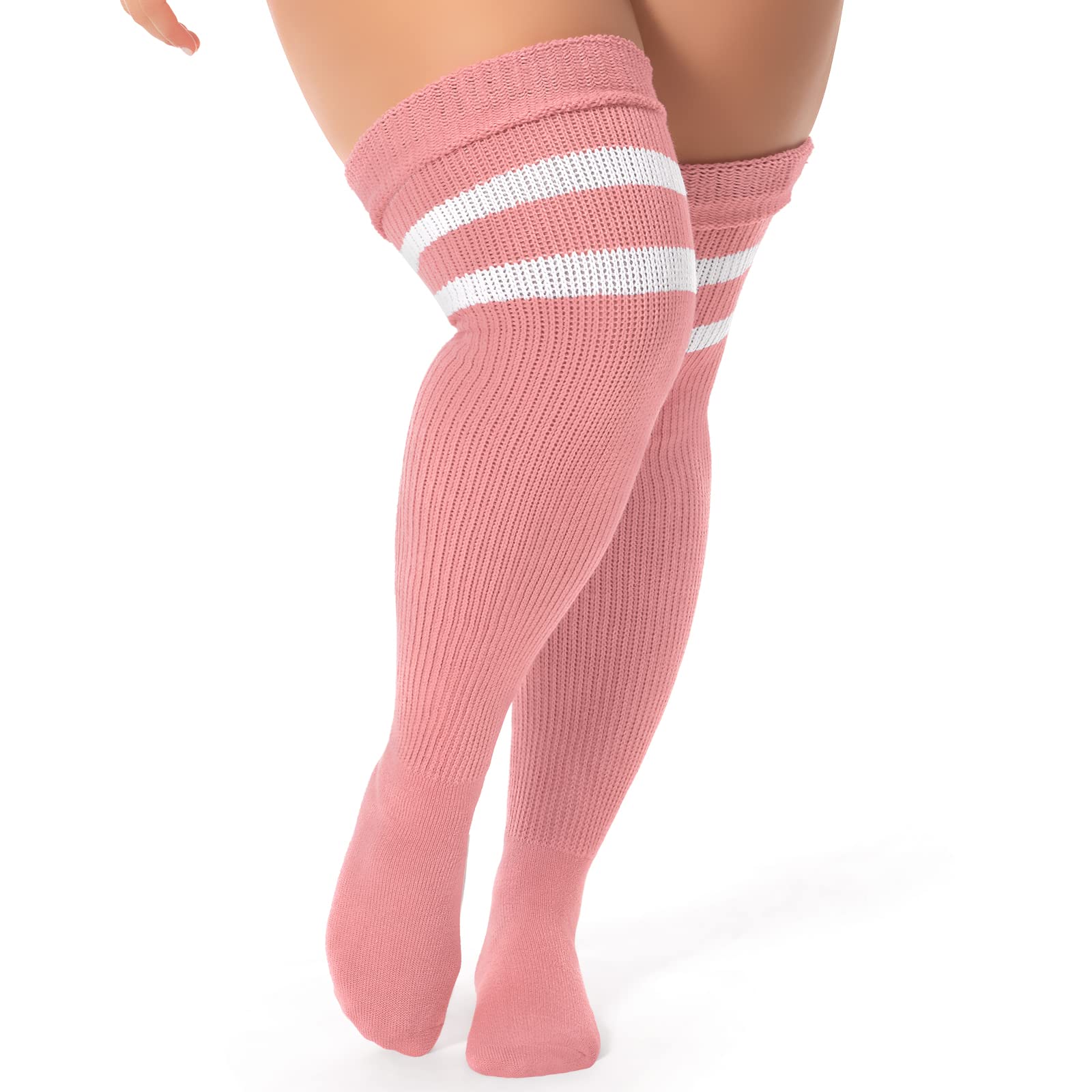 Littleforbig Plus Size Thigh High Long Striped Cable Knitted Stockings - Pink