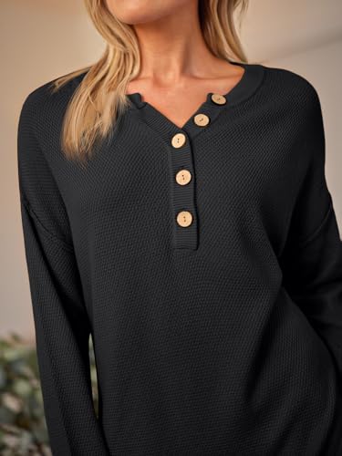 LILLUSORY Women Oversized Sweater Maxi Dress 2023 Fall Long Sleeve V Neck Button Waffle Knit Midi Dresses Black