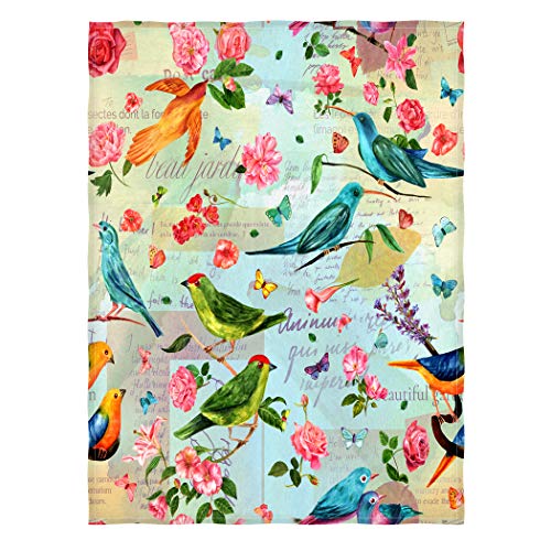 Kameng 58 x 80 Inch Print with Birds, Flowers and Butterflies Super Soft Throw Blanket Comfortable Warm Velet Plush Bed Blankets