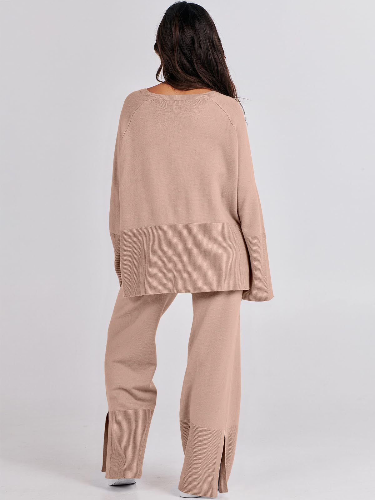 ANRABESS Womens 2 Piece Outfits Oversized Knit Sweater Set Wide Leg Pant Cozy Lounge Matching Pajama Sets 2024 Trendy Clothes Deep Apricot X-large