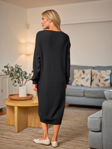 LILLUSORY Women Oversized Sweater Maxi Dress 2023 Fall Long Sleeve V Neck Button Waffle Knit Midi Dresses Black