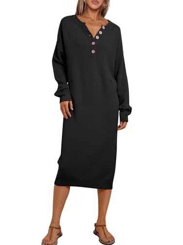 LILLUSORY Women Oversized Sweater Maxi Dress 2023 Fall Long Sleeve V Neck Button Waffle Knit Midi Dresses Black