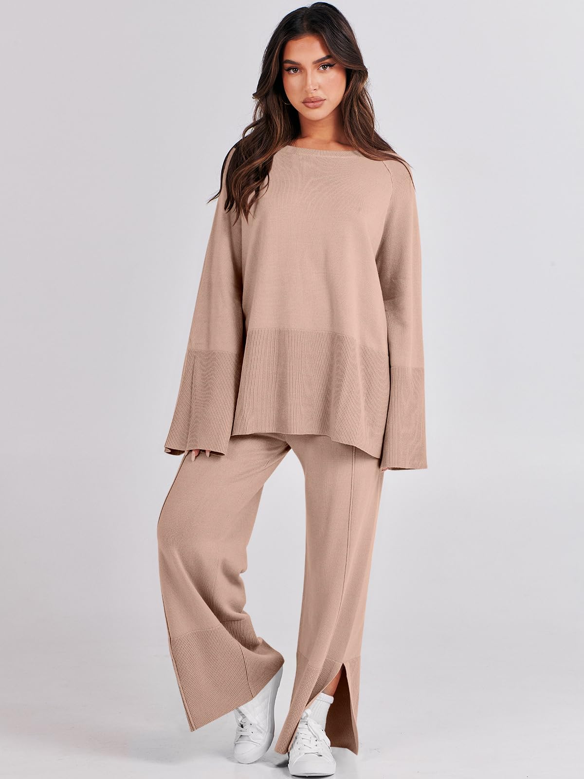 ANRABESS Womens 2 Piece Outfits Oversized Knit Sweater Set Wide Leg Pant Cozy Lounge Matching Pajama Sets 2024 Trendy Clothes Deep Apricot X-large