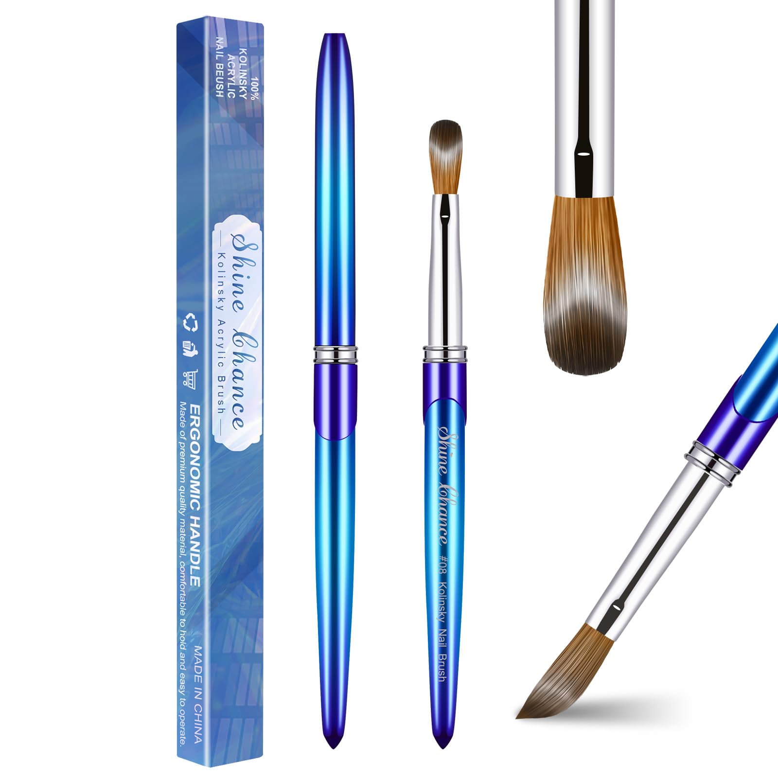 Shine Chance Acrylic Nail Brush Size 8, 100% Pure Kolinsky 3D Art Nail Brush with Gradient Blue Handle, Art Design Powder Nail Brush Pen for Nails Extension & Carving, Acrylic Application Tools