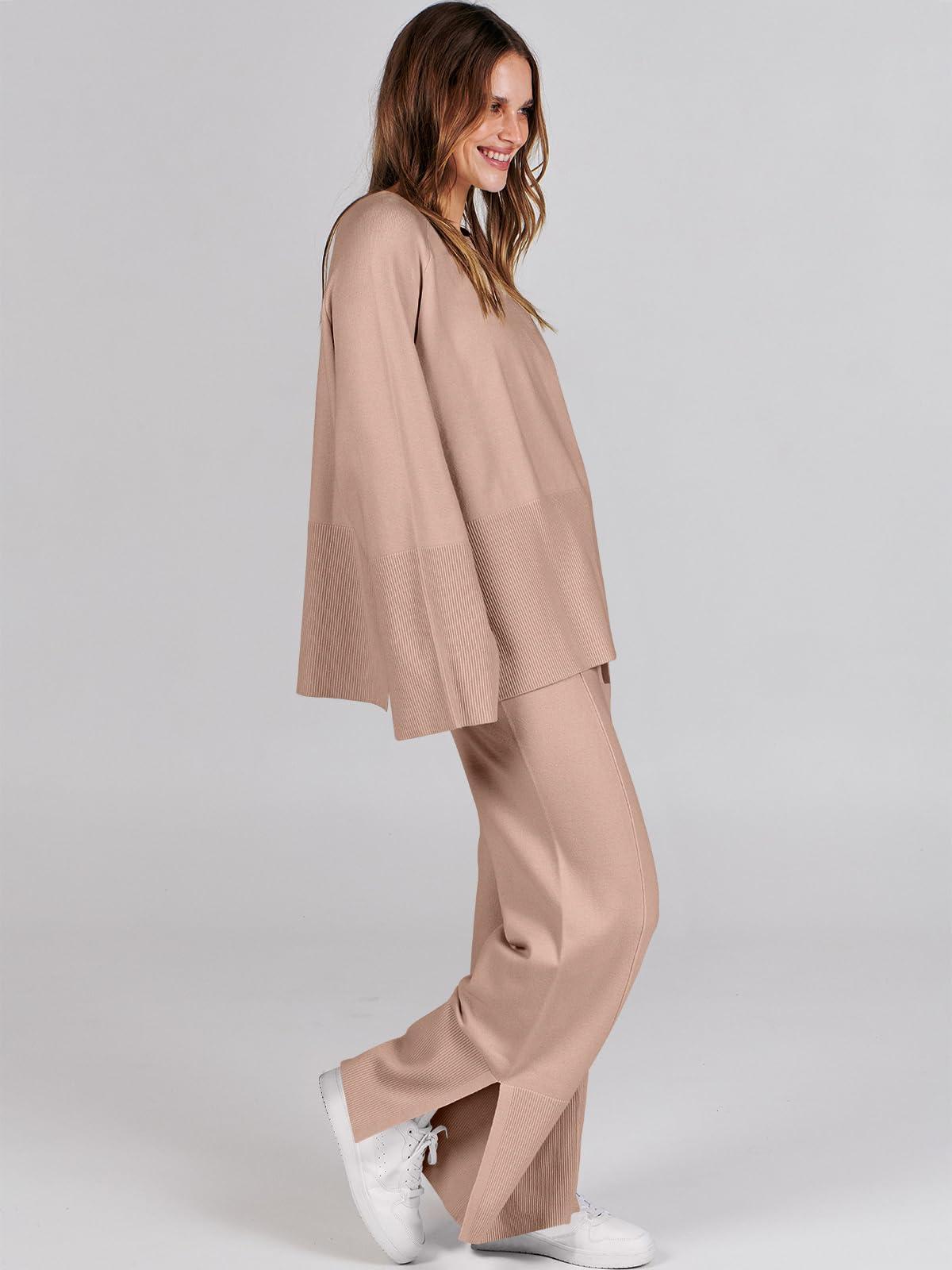 ANRABESS Womens 2 Piece Outfits Oversized Knit Sweater Set Wide Leg Pant Cozy Lounge Matching Pajama Sets 2024 Trendy Clothes Deep Apricot X-large