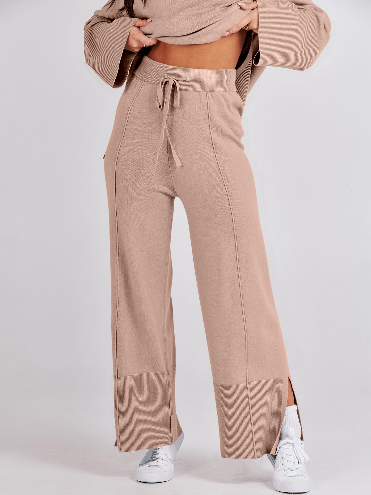 ANRABESS Womens 2 Piece Outfits Oversized Knit Sweater Set Wide Leg Pant Cozy Lounge Matching Pajama Sets 2024 Trendy Clothes Deep Apricot X-large