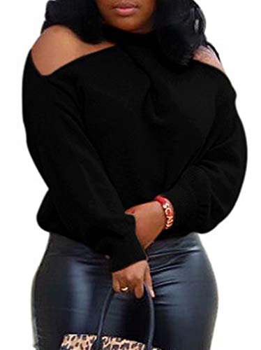 Women Sexy Cold Shoulder Long Sleeve Halter V Neck Loose Fit Knitted Sweater Pullover Tops L Black