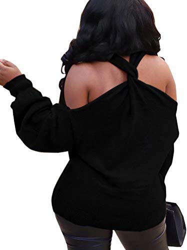 Women Sexy Cold Shoulder Long Sleeve Halter V Neck Loose Fit Knitted Sweater Pullover Tops L Black