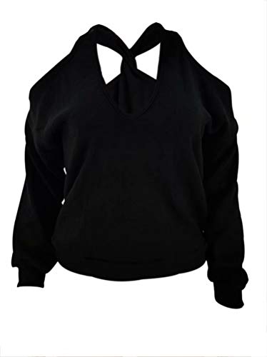 Women Sexy Cold Shoulder Long Sleeve Halter V Neck Loose Fit Knitted Sweater Pullover Tops L Black