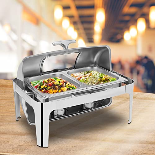 13.5L Visible Window Buffet Chafing Dish Set, Stainless Steel Commercial Chafer Roll Top Food Warmer Warming Tray with Lid Ideal for Parties, Wedding, Festival Gathering (2 Tiers)