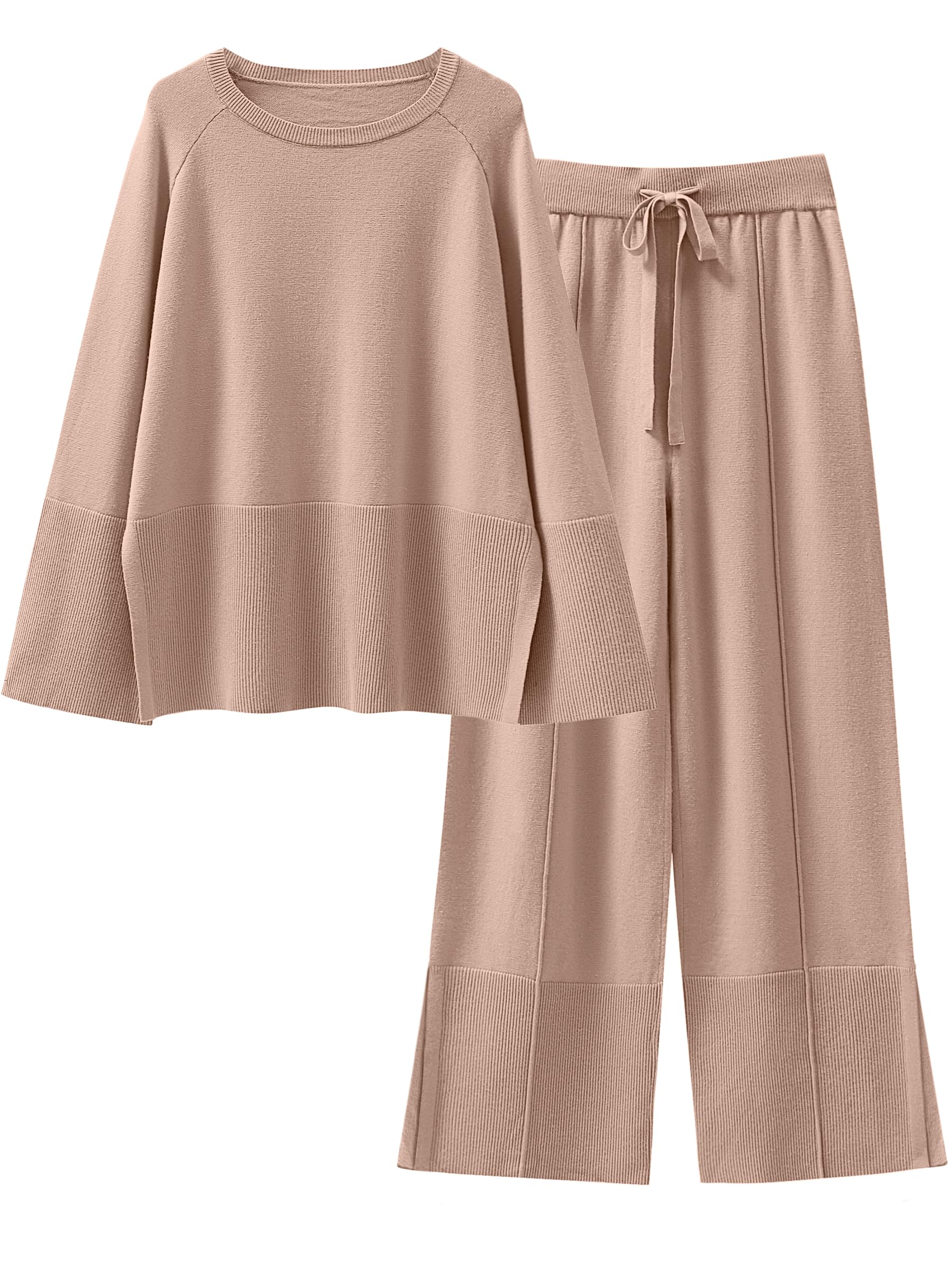ANRABESS Womens 2 Piece Outfits Oversized Knit Sweater Set Wide Leg Pant Cozy Lounge Matching Pajama Sets 2024 Trendy Clothes Deep Apricot X-large