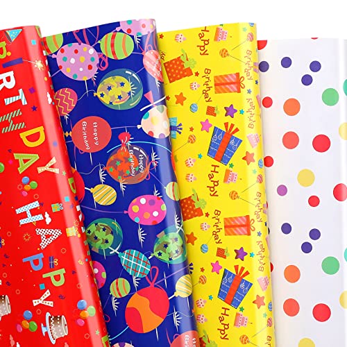 Ulmasinn Birthday Wrapping Paper Flat 8 Sheets for Boys Girls Kids Baby Shower, Two of the Yellow Gift Wrapping Paper Has the Word Birthday Spelled Wrong, 20 X 29 Inches Each