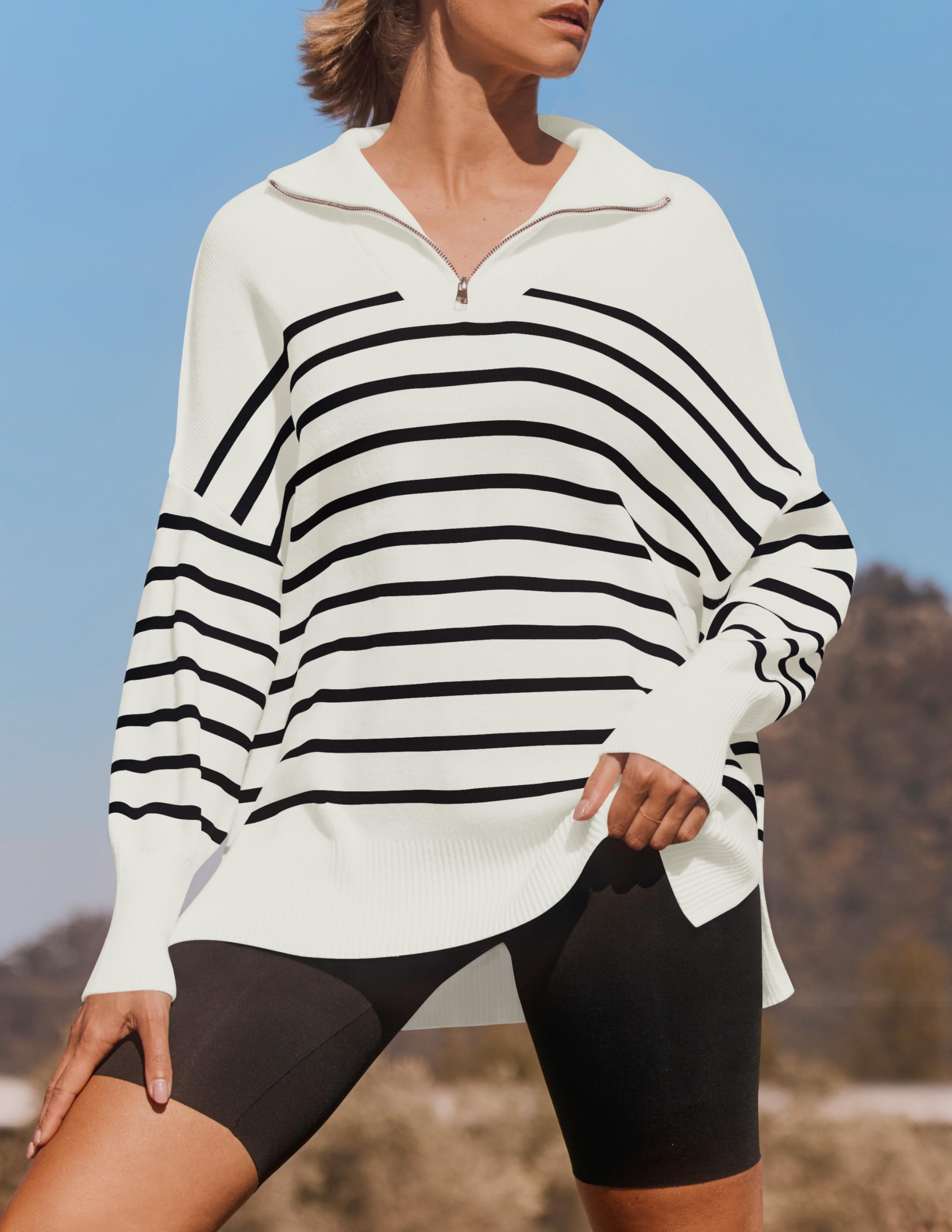 ZESICA Women's Striped Sweaters Half Zipper Long Sleeve Ribbed Knit Loose Oversized Pullover Sweater Tops,White,Large