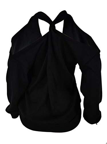 Women Sexy Cold Shoulder Long Sleeve Halter V Neck Loose Fit Knitted Sweater Pullover Tops L Black