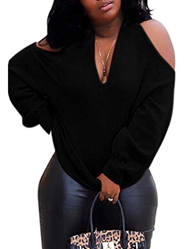 Women Sexy Cold Shoulder Long Sleeve Halter V Neck Loose Fit Knitted Sweater Pullover Tops L Black