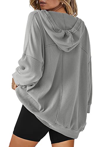 SENSERISE Womens Oversized HoodiesLong Sleeve V Neck Drawstring Hooded Sweatshirts Waffle Knit Tops with Pockets(Light Grey,L)