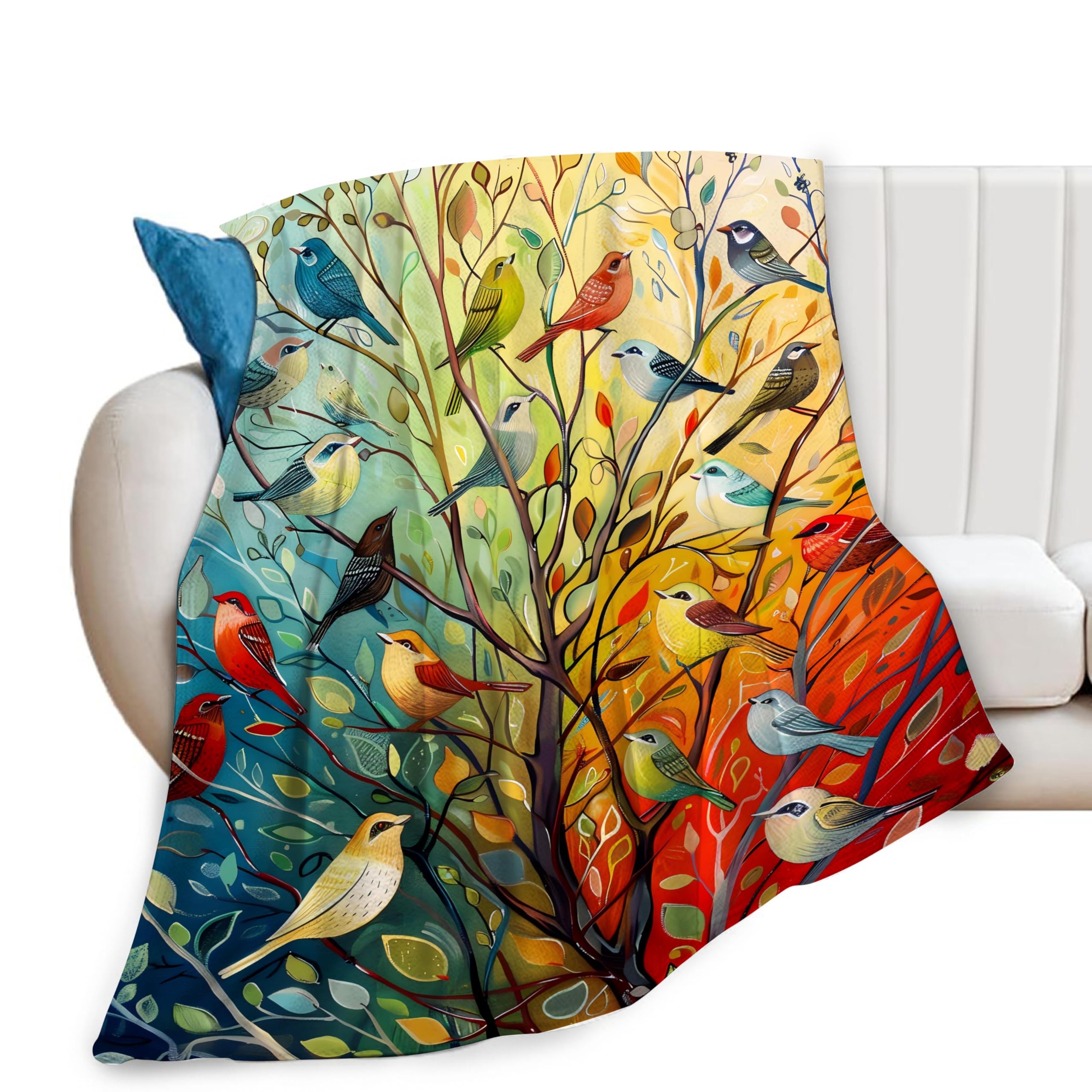 Colorful Birds Blanket Bird Tree Decor Throw Blanket Bird Blanket Gifts for Girls Boys Bird Lover Super Warm Soft Plush Lightweight Fleece Flannel Blanket Bedding Blanket for Kids Adults Women 50"X40"